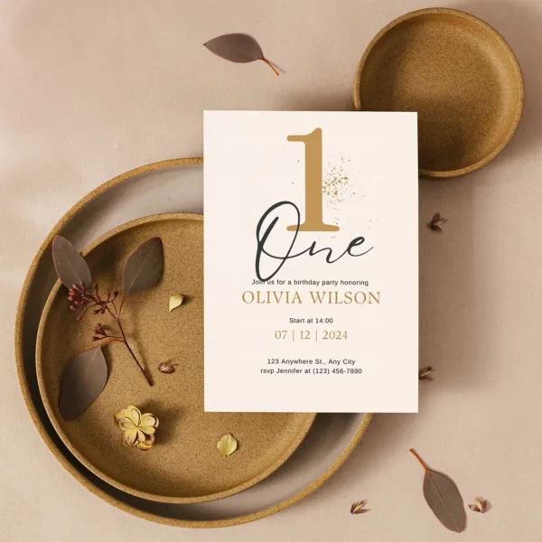 Minimalist Beige First Birthday Invitation - DesignGenix